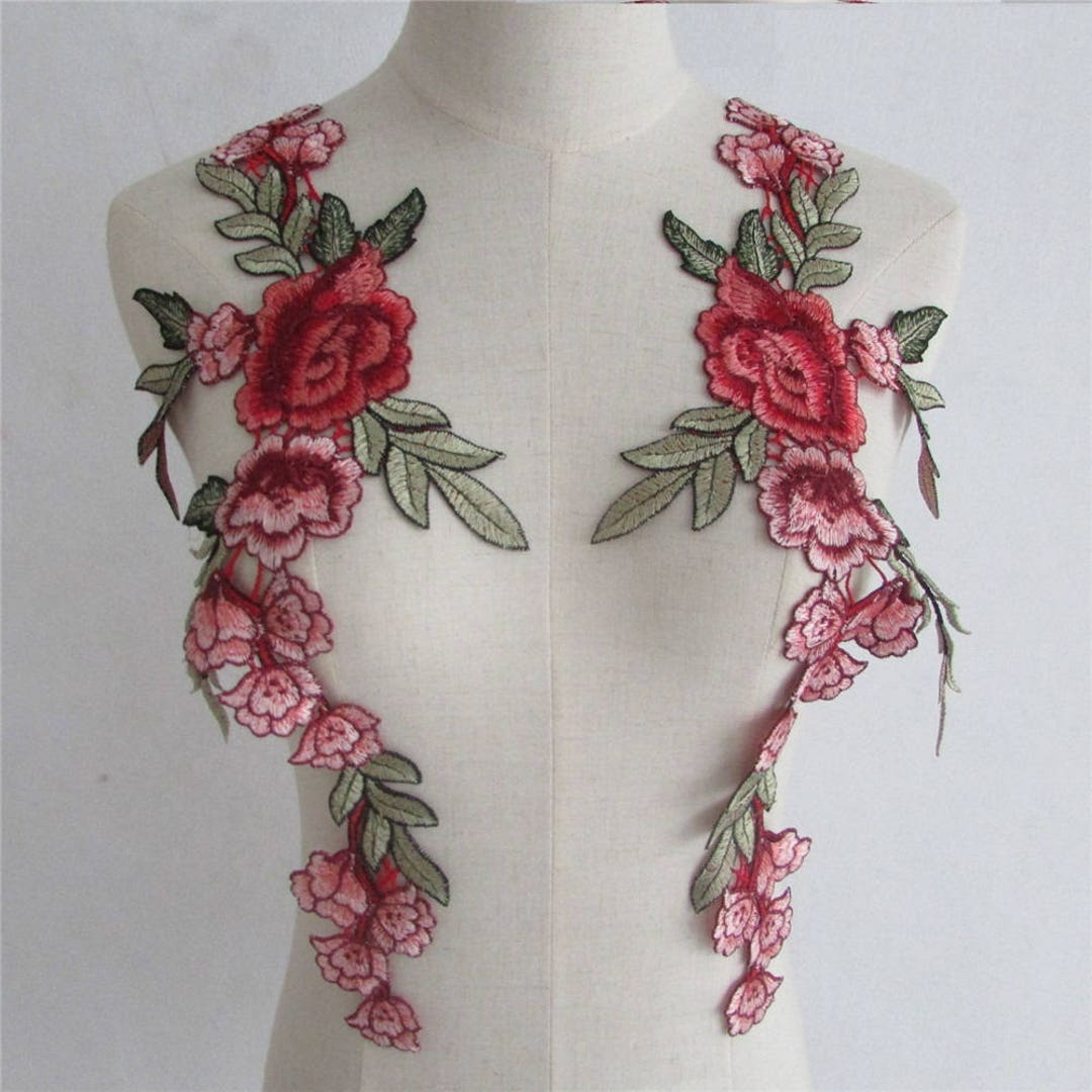A Pair Embroidered Red Flower Applique Patch,vintage Floral Patch for ...