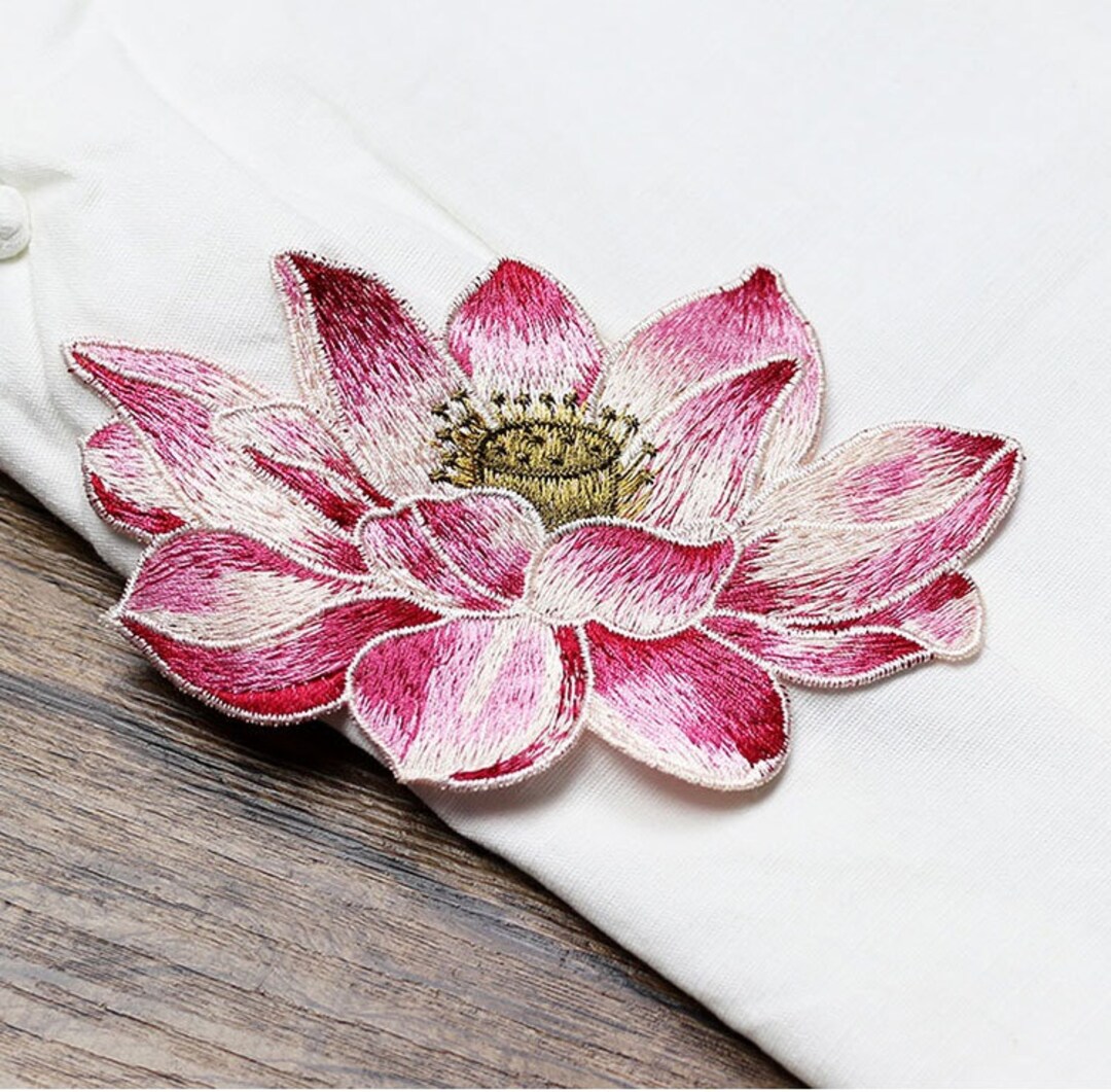 Delicate Embroidered Pink Floral Applique Patches,vintage Lotus Flower ...