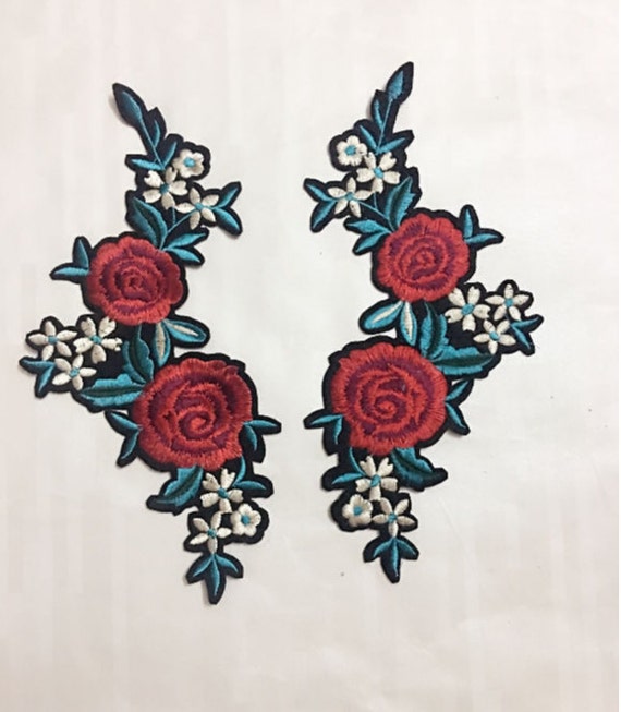 Items similar to A Pair Embroidered Red Flower Applique Patch,Vintage ...