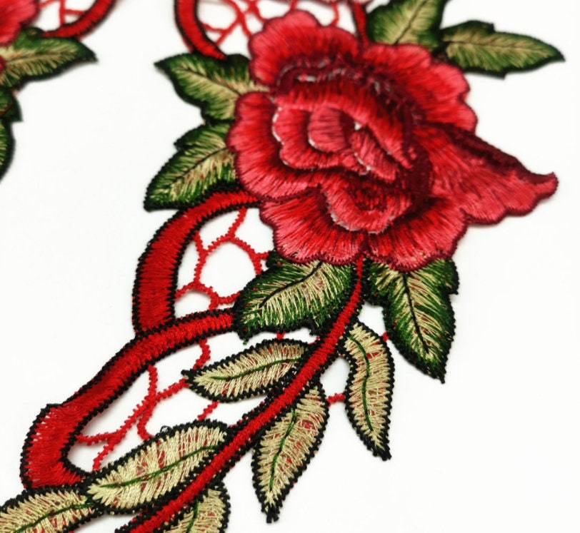 A Pair of Embroidered Red Flower Applique Patchvintage Floral - Etsy