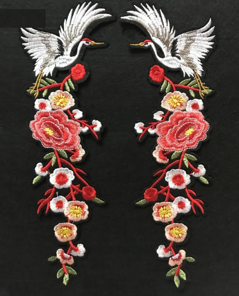 A Pair of Embroidered Cranes With Flowers Applique Patch,embroidery ...