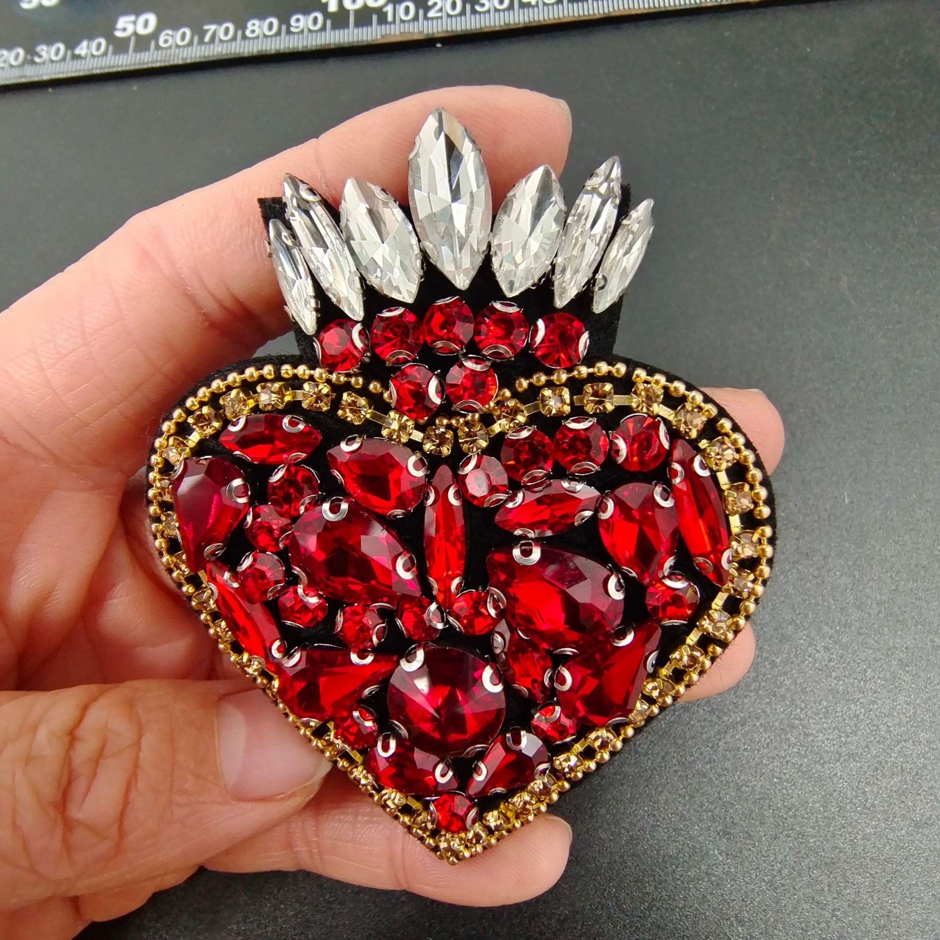 Red Heart Embroidery Rhinestone Applique Patchbeaded Heart - Etsy