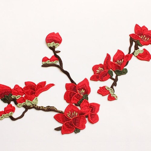 A Pair Embroidered Red Flower Applique Patchvintage Floral - Etsy