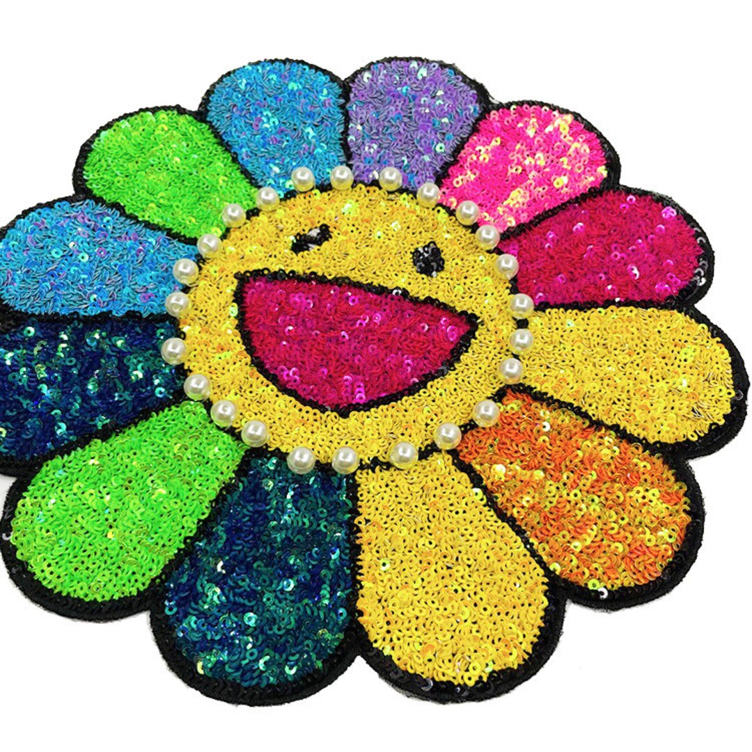 Large Smile Sequined Embroidery Iron on Applique Patch,pearl Flower ...