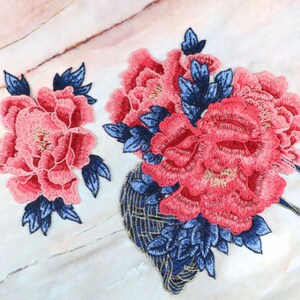 A Pair of Embroidered Pink Flower Applique Patch,vintage Floral ...