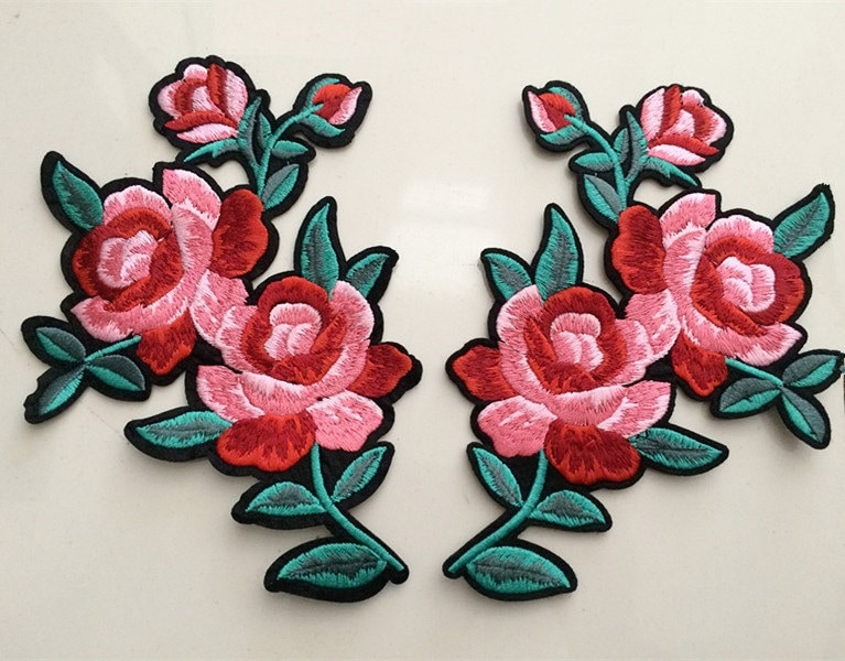 A Pair of Delicate Embroidered Red Floral Applique - Etsy