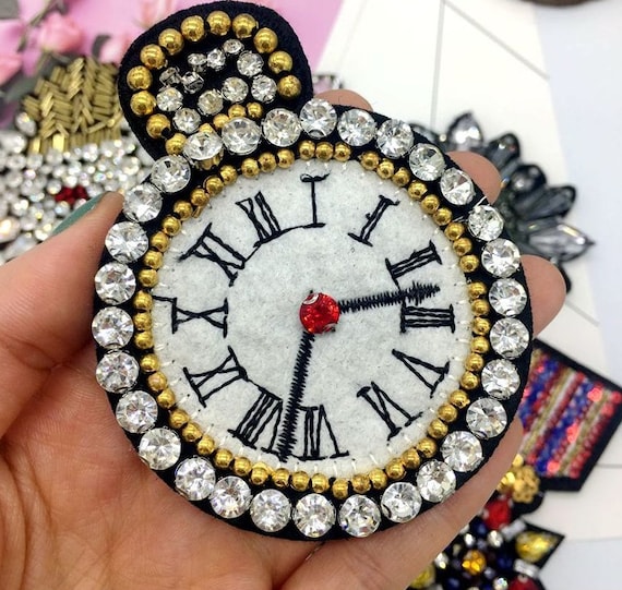 Clock Embroidery Rhinestone Applique Patchbeaded Clock Patch - Etsy
