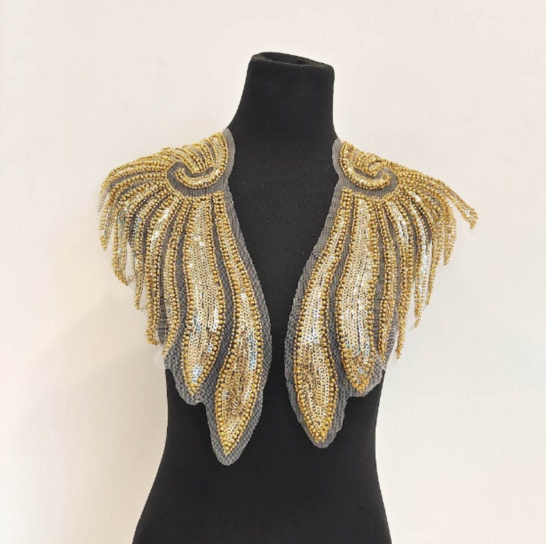 A Pair of Gold Wing Sequined Beaded Applique Patch,sequins Wings Patch ...