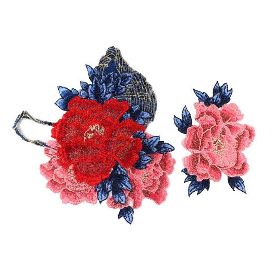 A Pair of Embroidered Pink Flower Applique Patch,vintage Floral ...