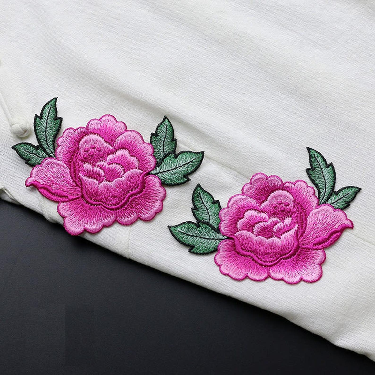 A Pair Delicate Embroidered Red Floral Applique | Etsy