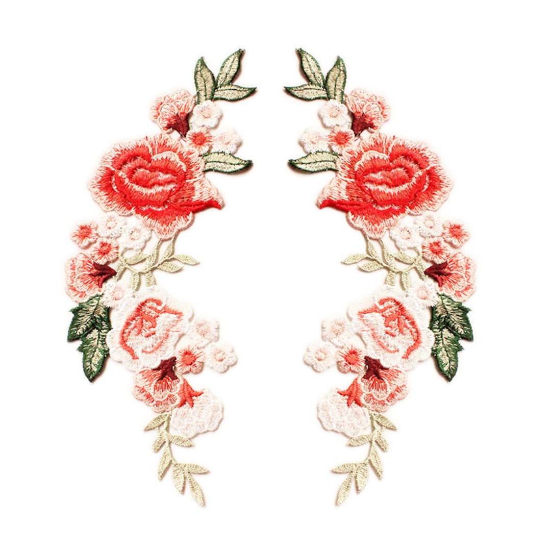 A Pair of Embroidered Pink Flower Applique Patch,vintage Floral Patch ...