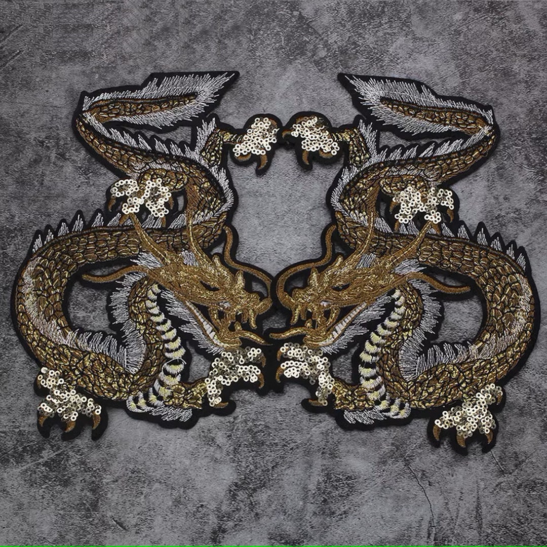 A Pair of Gold Dragon Embroidery Sequined Applique Patch,embroidered ...