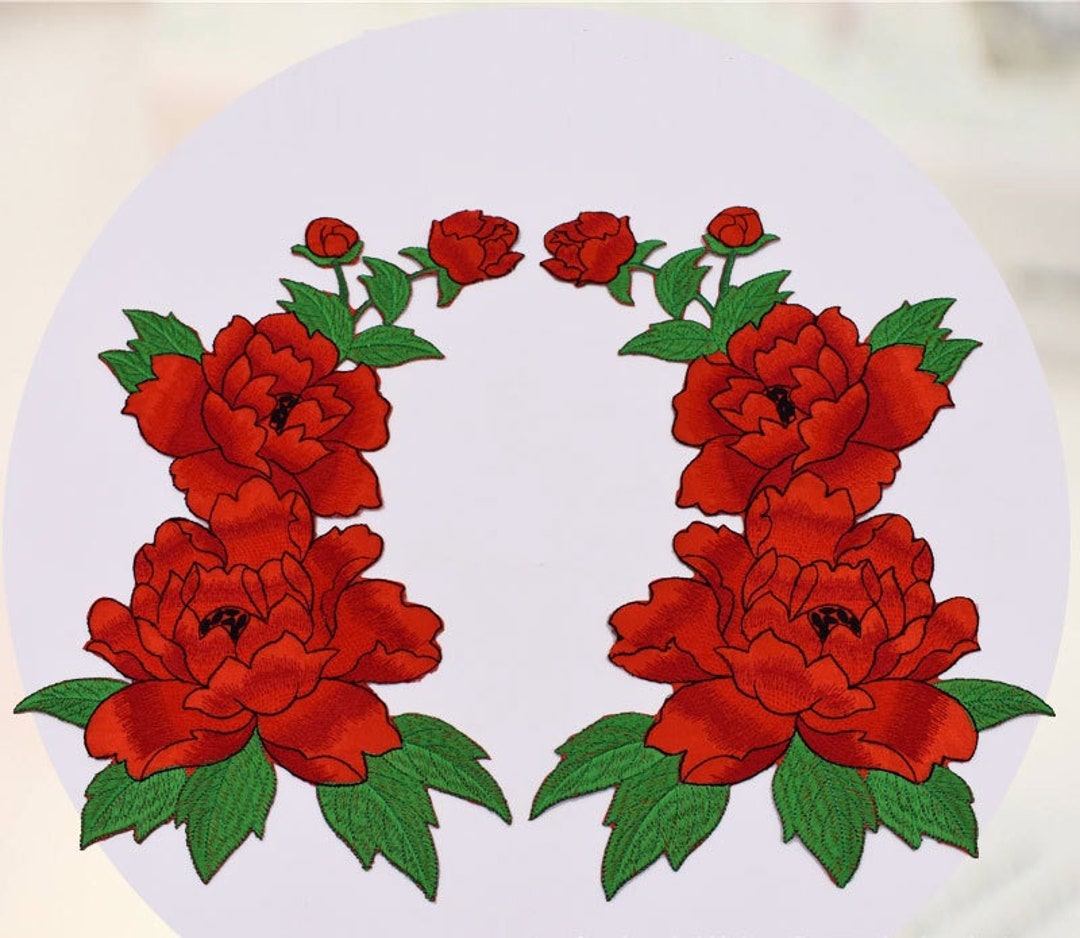 A Pair Embroidered Red Flower Iron on Applique Patch,vintage Floral ...