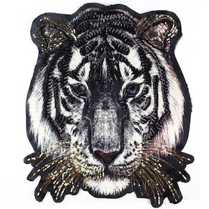 Gold or Silver Large Tiger Head Embroidery Sequined Applique Patch ...
