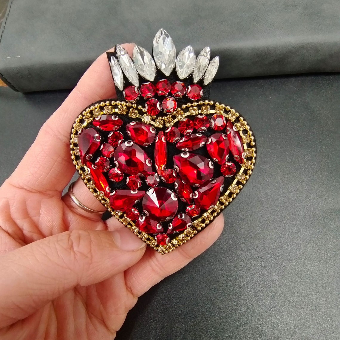 Red Heart Embroidery Rhinestone Applique Patchbeaded Heart - Etsy