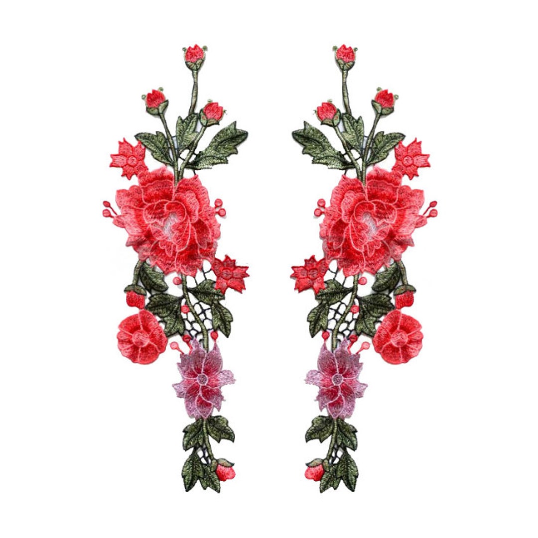 A Pair of Embroidered Red Flower Applique Patch,vintage Floral ...