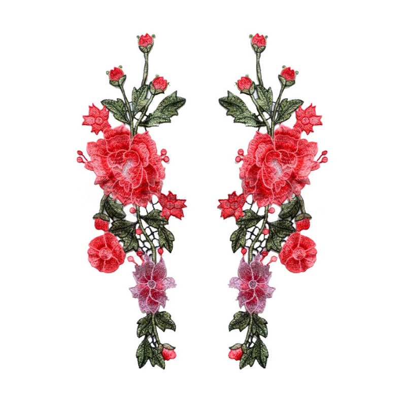 A Pair of Embroidered Red Flower Applique Patchvintage Floral - Etsy