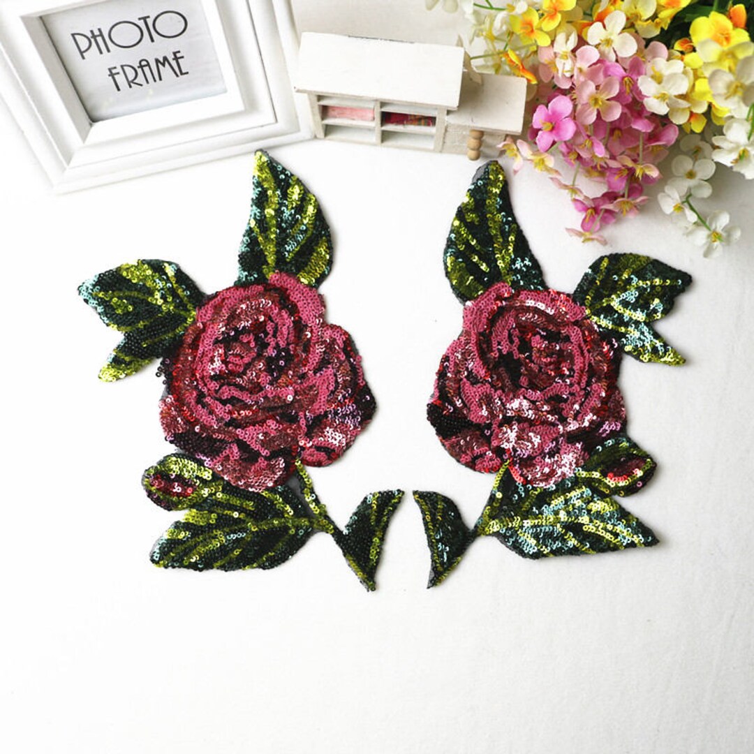 A Pair of Flower Sequined Applique Patch,sequin Florals Sequins Patch ...