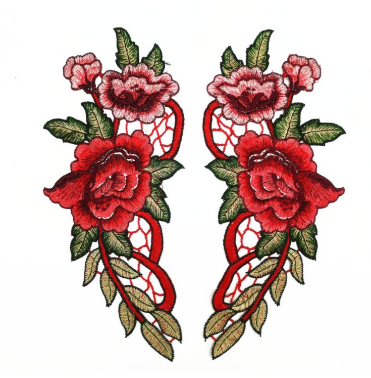A Pair of Embroidered Red Flower Applique Patchvintage Floral - Etsy