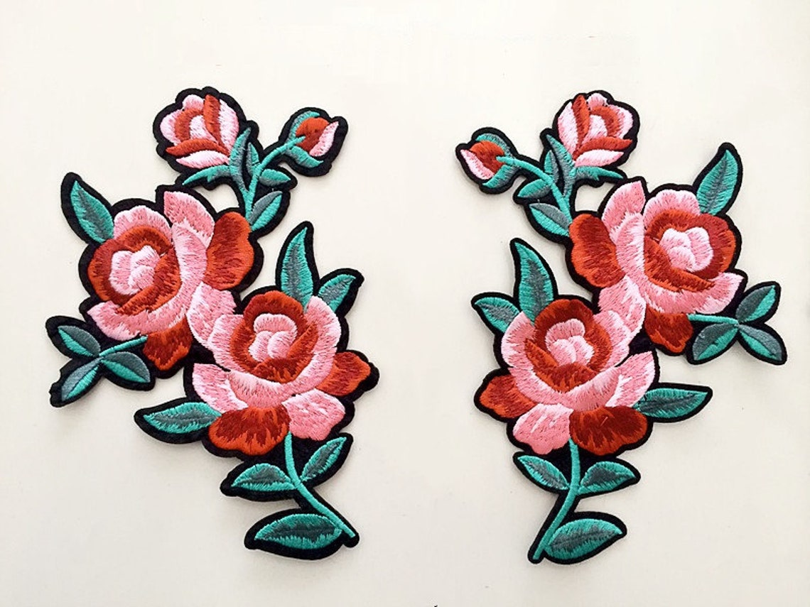 A Pair of Delicate Embroidered Red Floral Applique | Etsy