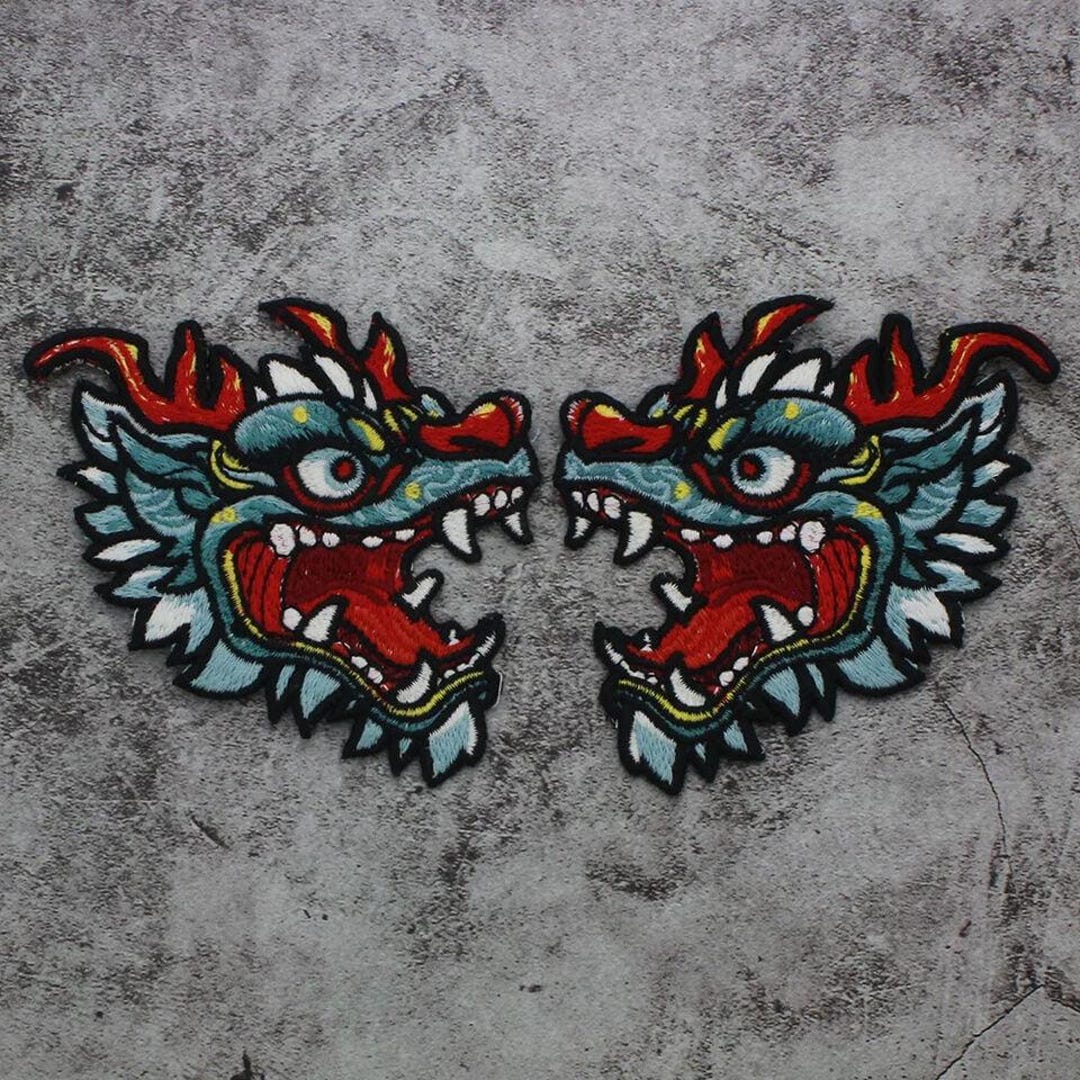 A Pair of Embroidered Dragon Applique Patch,vintage Dragon Head Patch ...