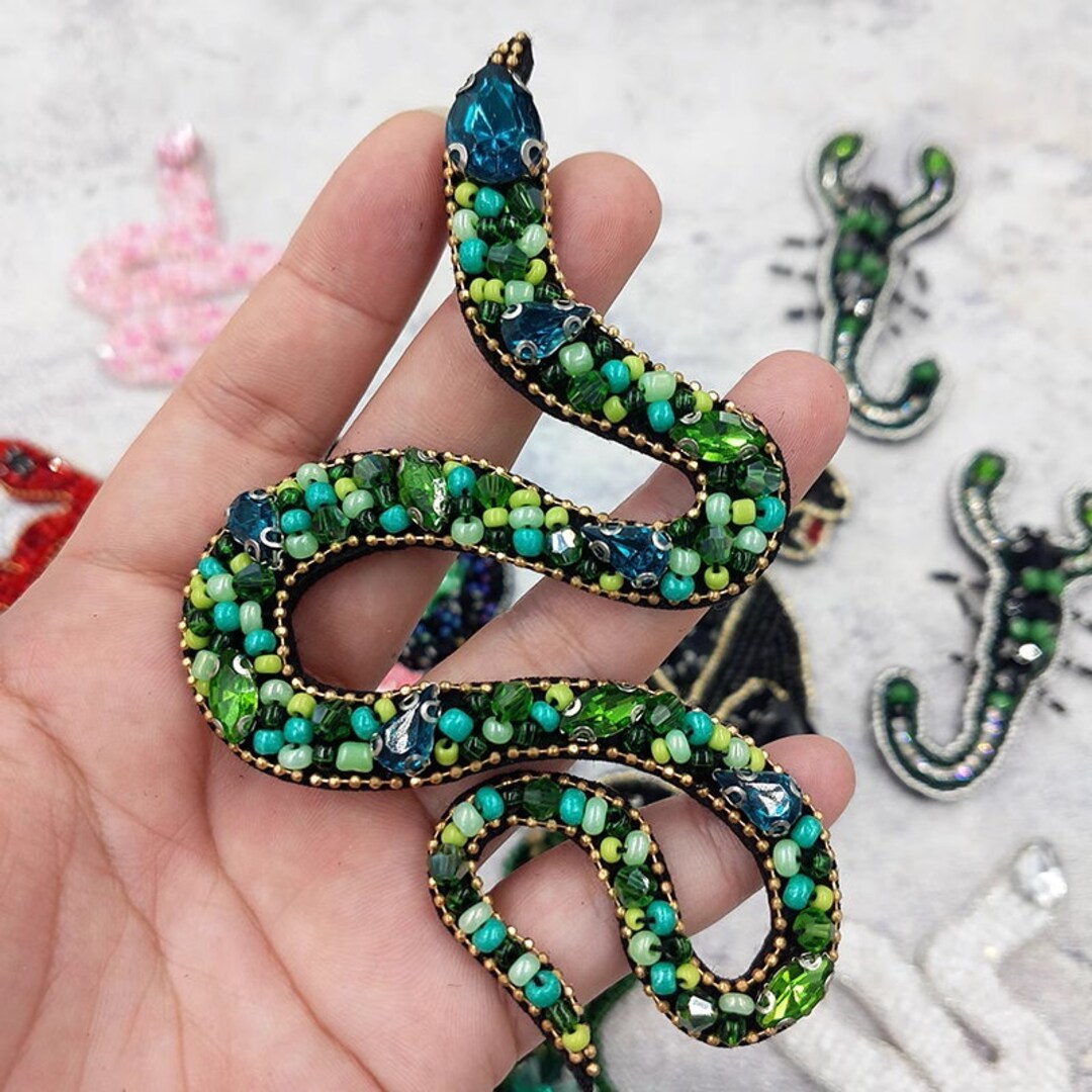 Delicate Embroidery Snake Beaded Applique Patch,beaded Green Snake ...