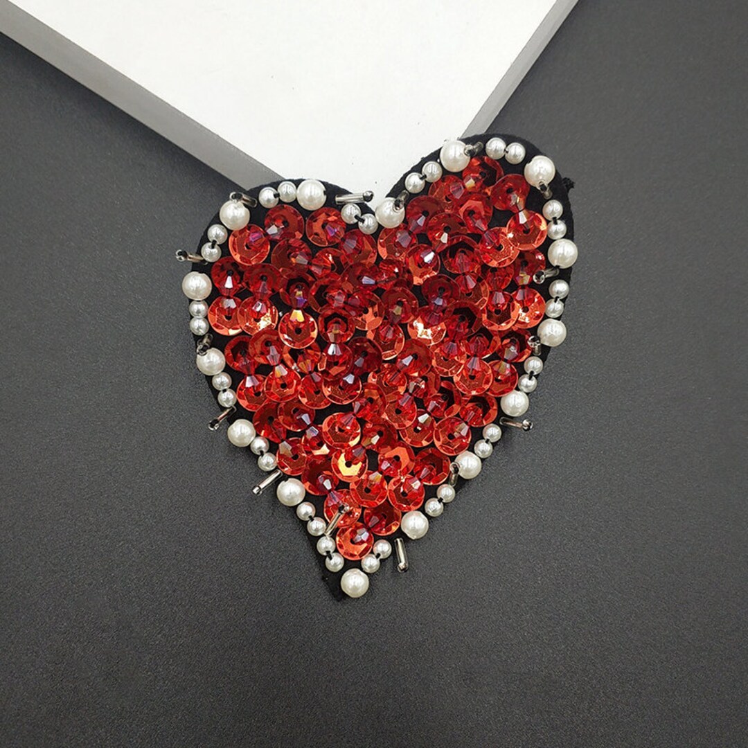 Red Heart Embroidery Rhinestone Applique Patch,beaded Heart Patch ...