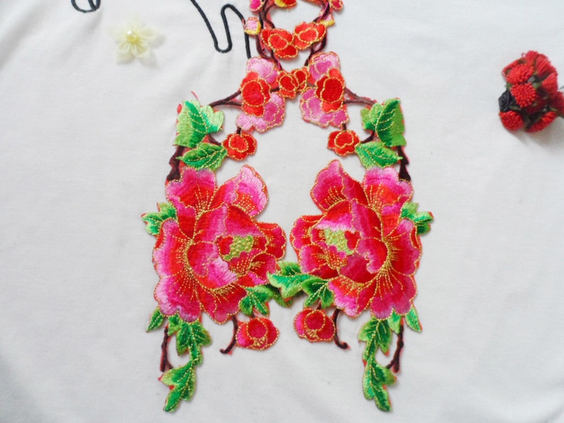 A Pair of Embroidered Red Flower Applique Patch,vintage Floral Patch ...