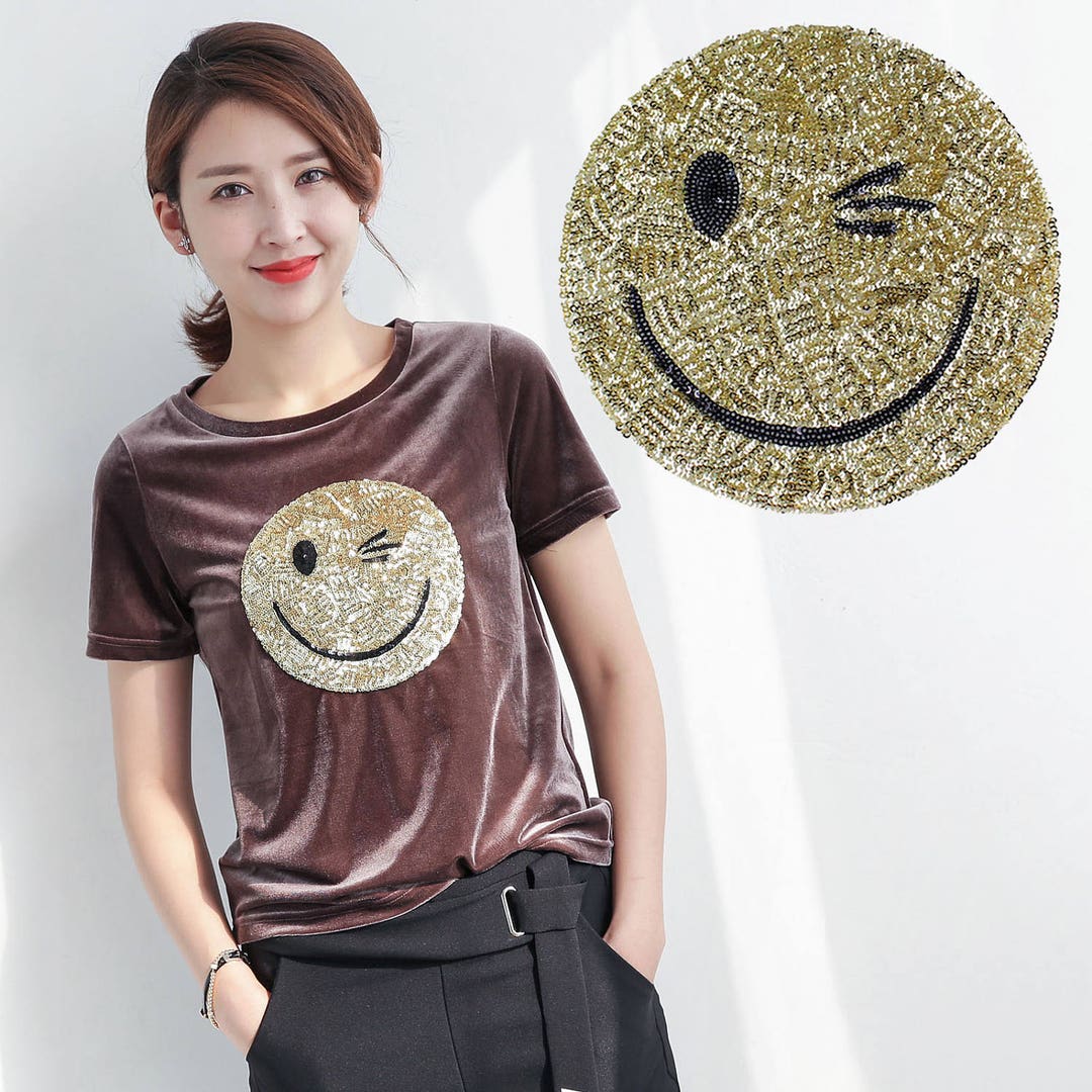 Golden Smile Face Sequined Applique Patch,paillette Patch,sequins Patch ...