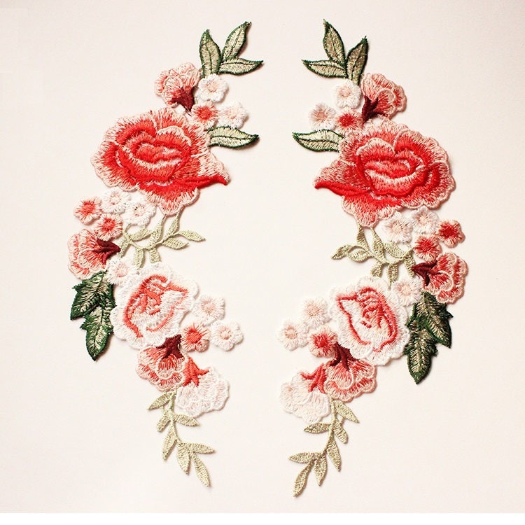 A Pair of Embroidered Pink Flower Applique Patch,vintage Floral Patch ...