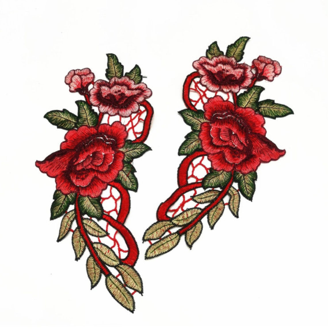 A Pair of Embroidered Red Flower Applique Patchvintage Floral - Etsy
