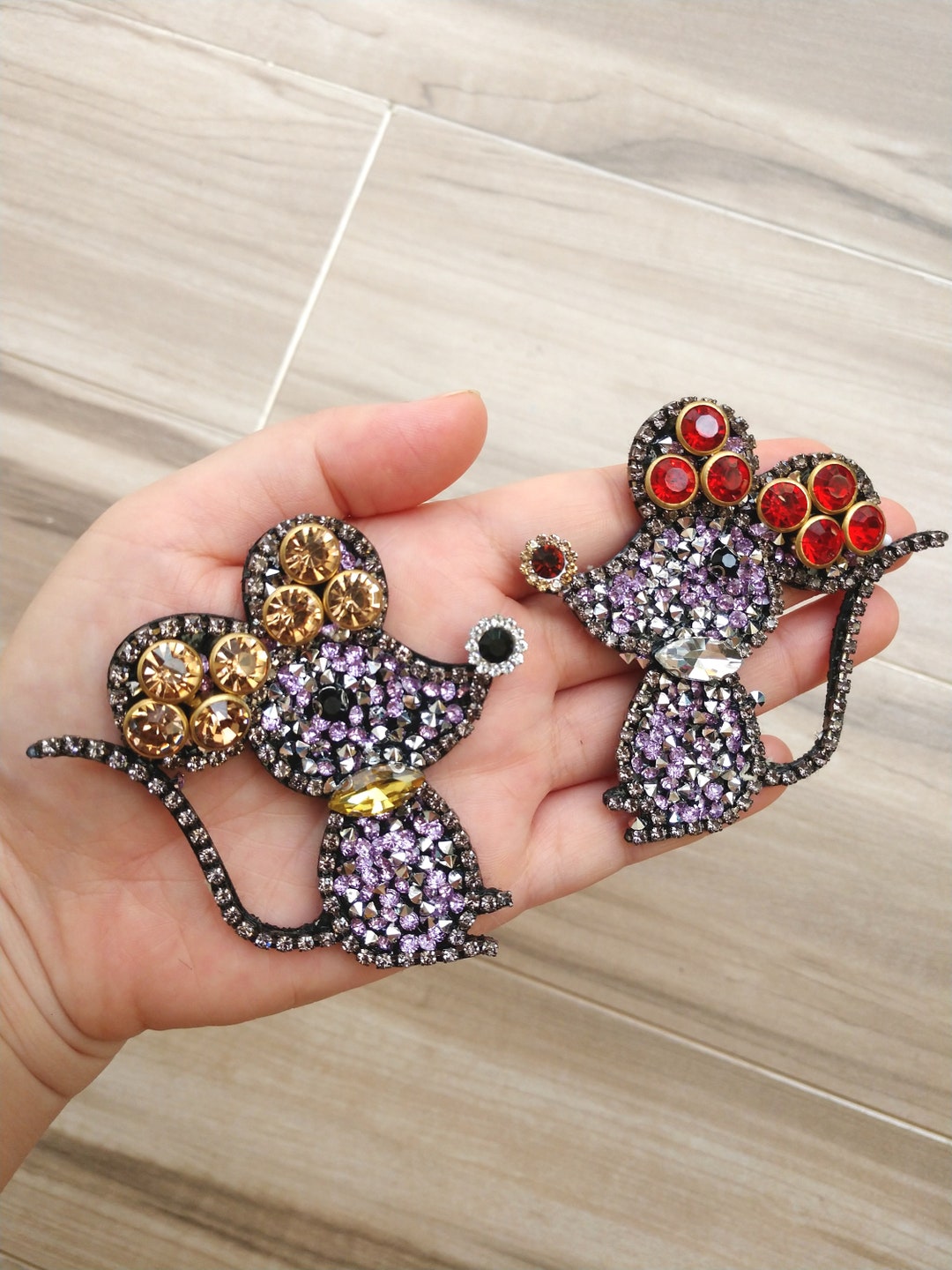 A Pair of Embroidery Rhinestone Mouse Sequined Applique Patch,beaded ...