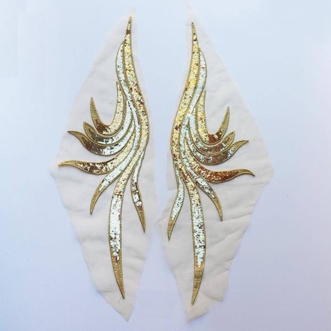 A Pair of Golden Feather Wings Sequined Applique Patchsequins - Etsy