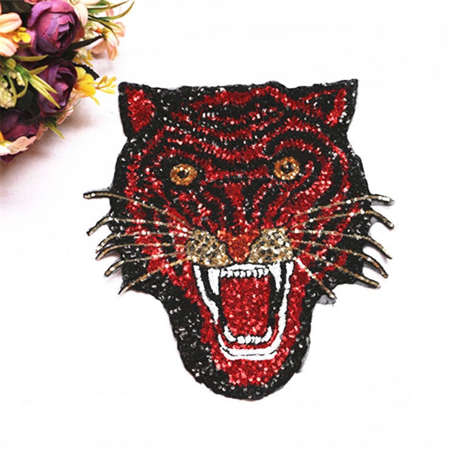 Tiger Head Sequined Applique Patches,vintage Sequins Tiger Patch ...