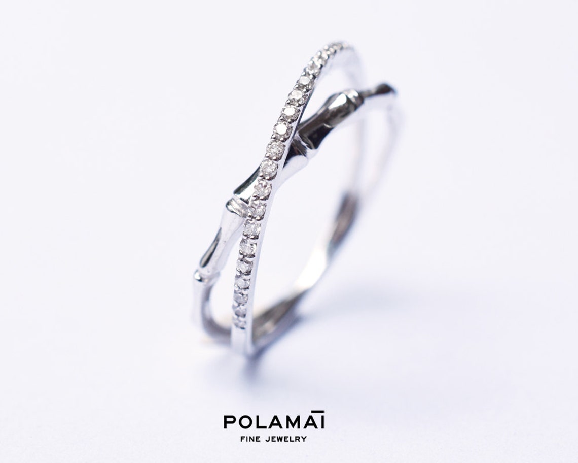 Bamboo Diamond Eternity Crossover Ring 14k Gold . Micro Pave - Etsy
