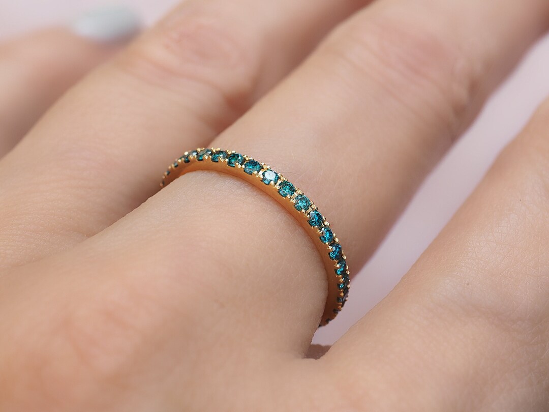 Teal Blue Diamond Eternity Ring 18k 14k Gold or Platinum 1.6mm . Full 3 ...