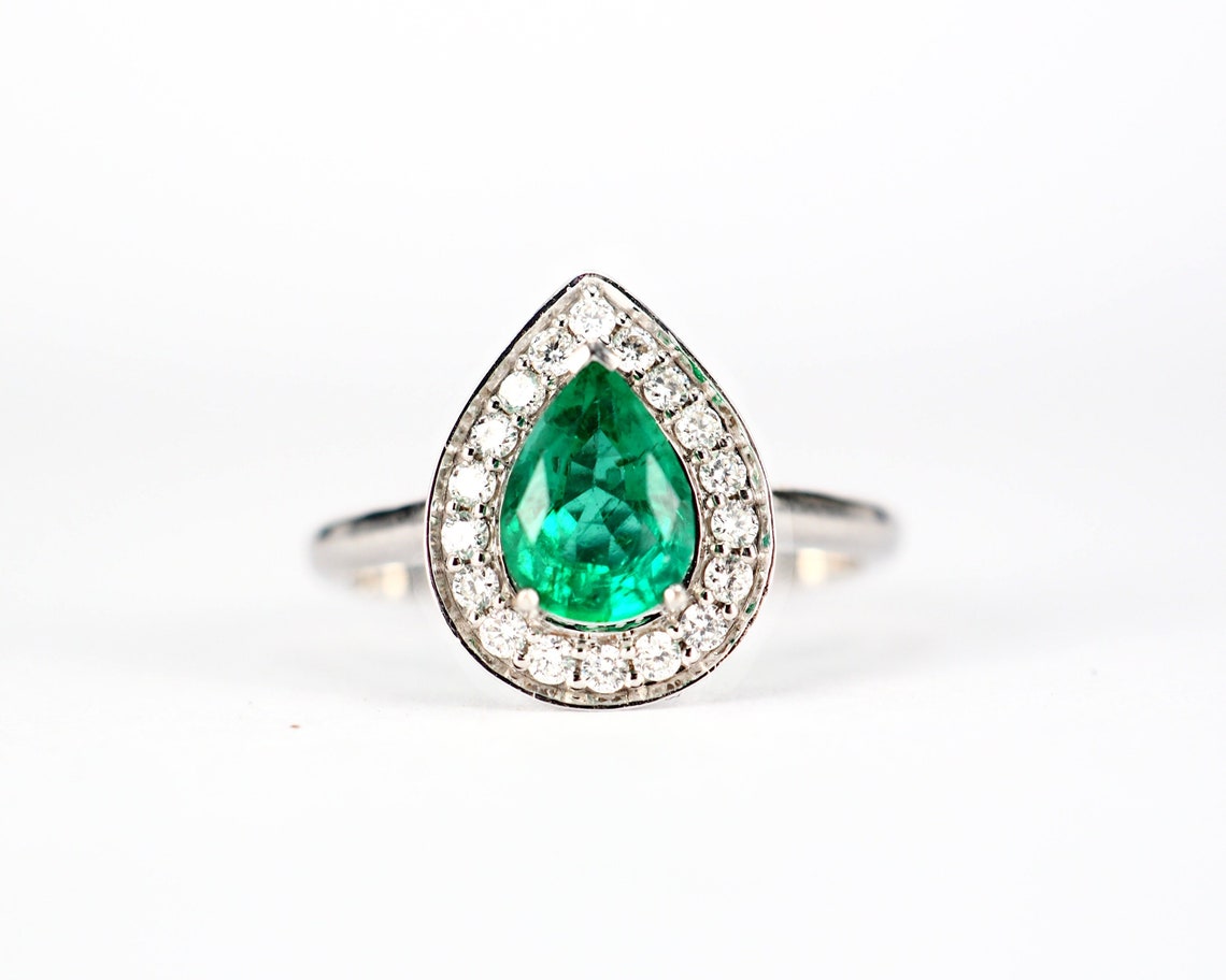 Emerald Engagement Ring . Pear Cut Emerald With Diamond Halo . - Etsy
