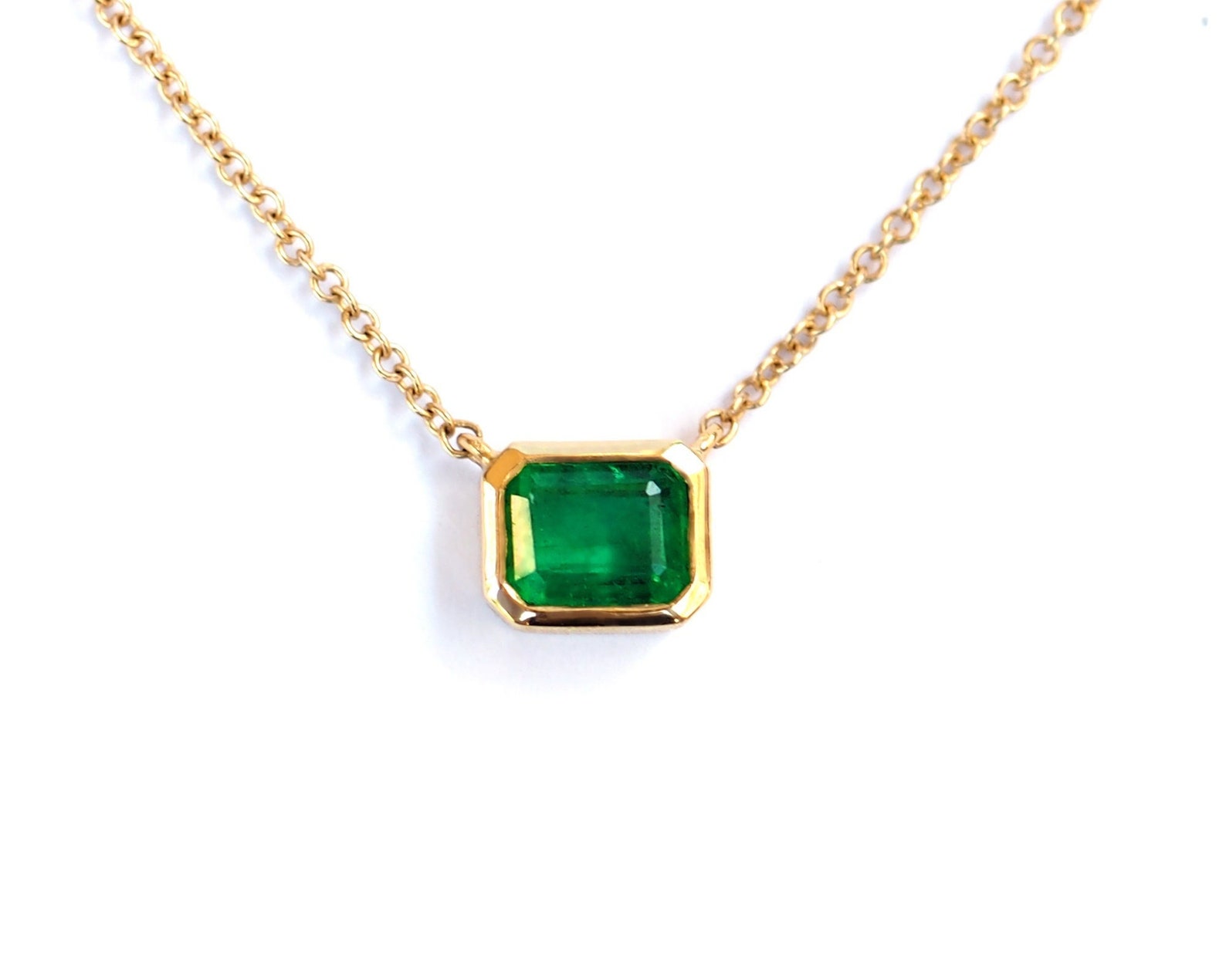 Natural Emerald Necklace. Bezel Set Octagonal Zambian Emerald . 18k 14k ...