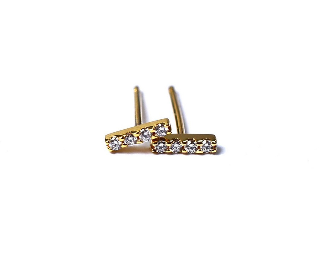 Diamond Bar Earrings 14k Solid Gold . 8 Diamonds . 1 Pair. Minimal ...