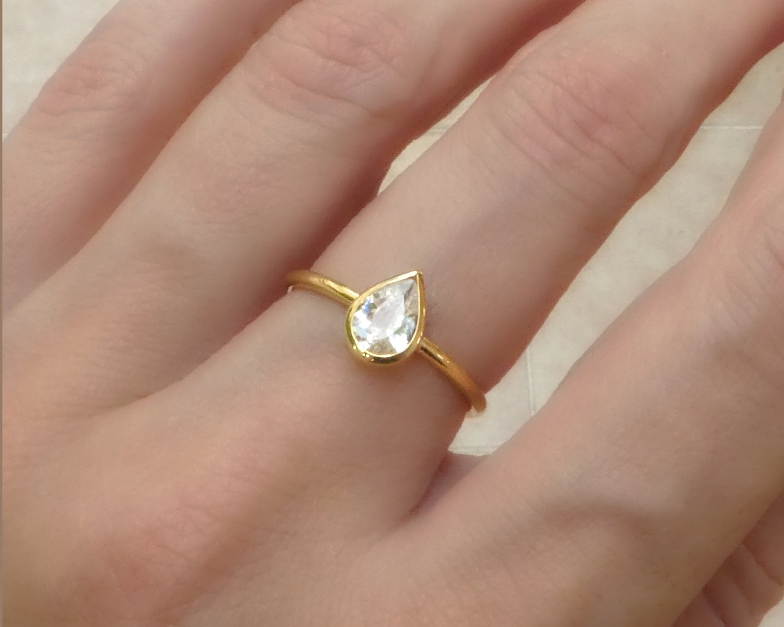 White Topaz Pear Ring 14k 18k Solid Gold . Bezel Set Stacking | Etsy