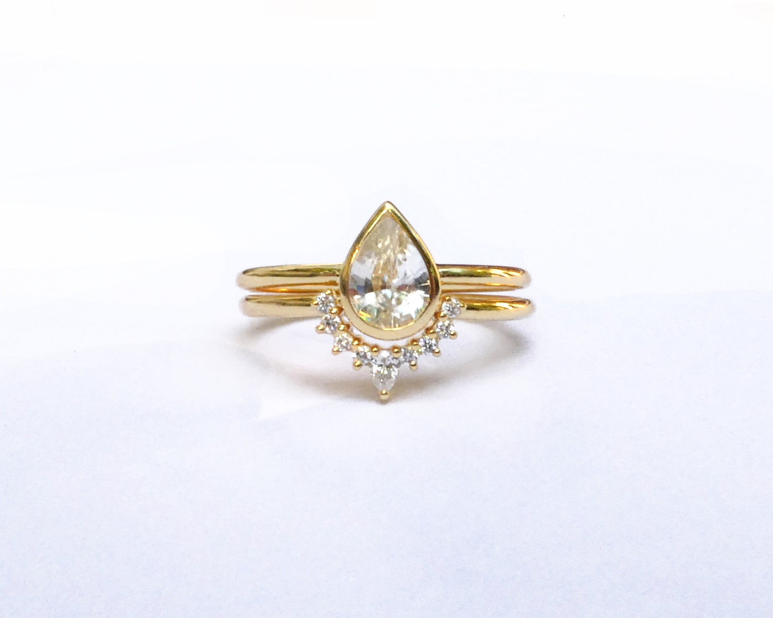 White Topaz Pear Ring and Matching Diamond Nesting Ring . 14k - Etsy