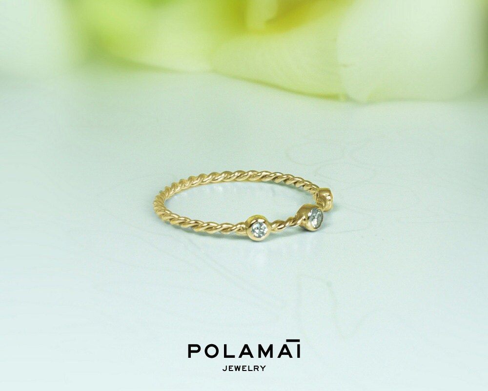 3 Diamond Stacking Ring 14k Solid Gold . Twisted Band Ring . | Etsy
