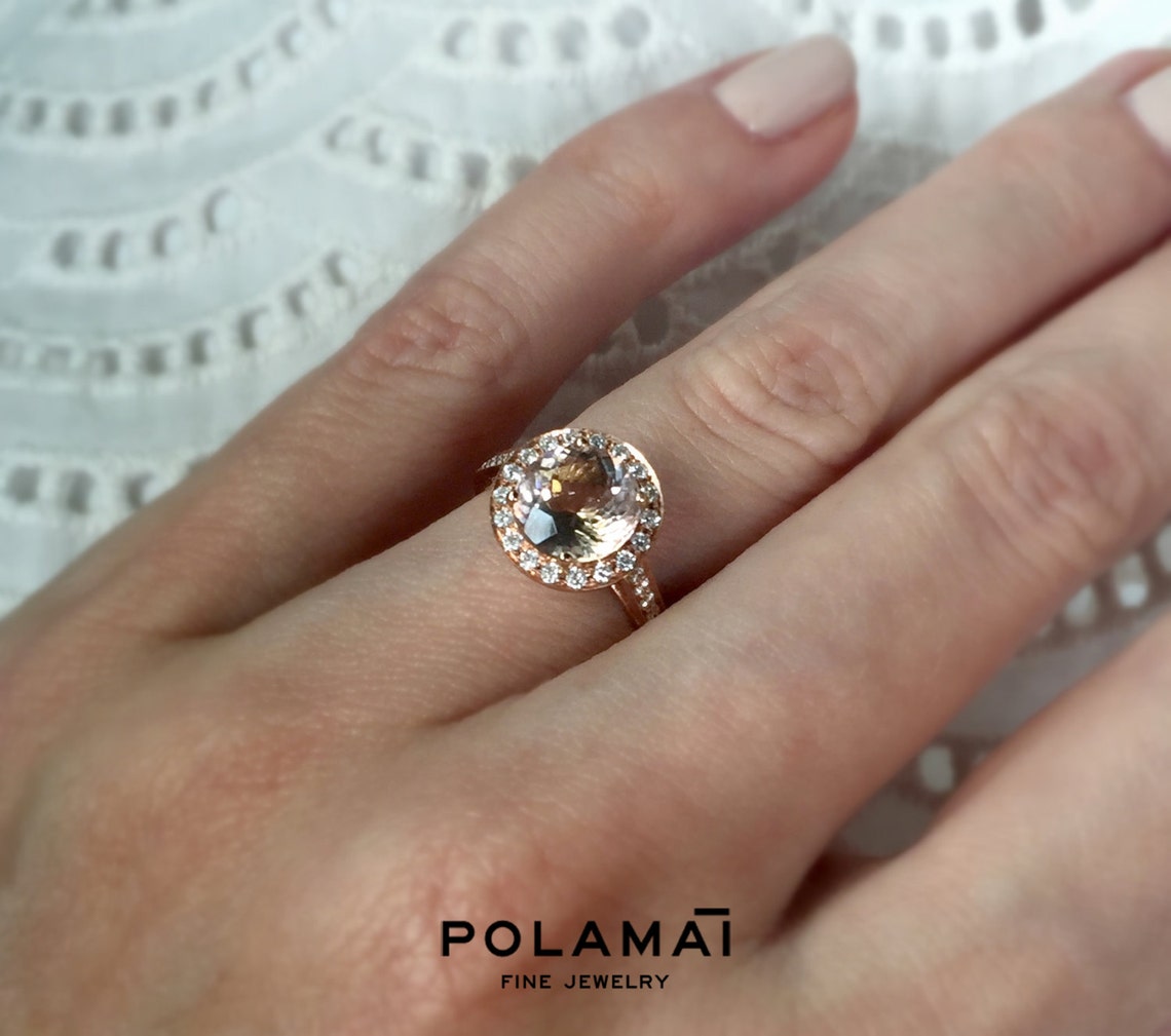 Morganite Engagement Ring 14k 18k Gold . Diamond Halo Setting | Etsy