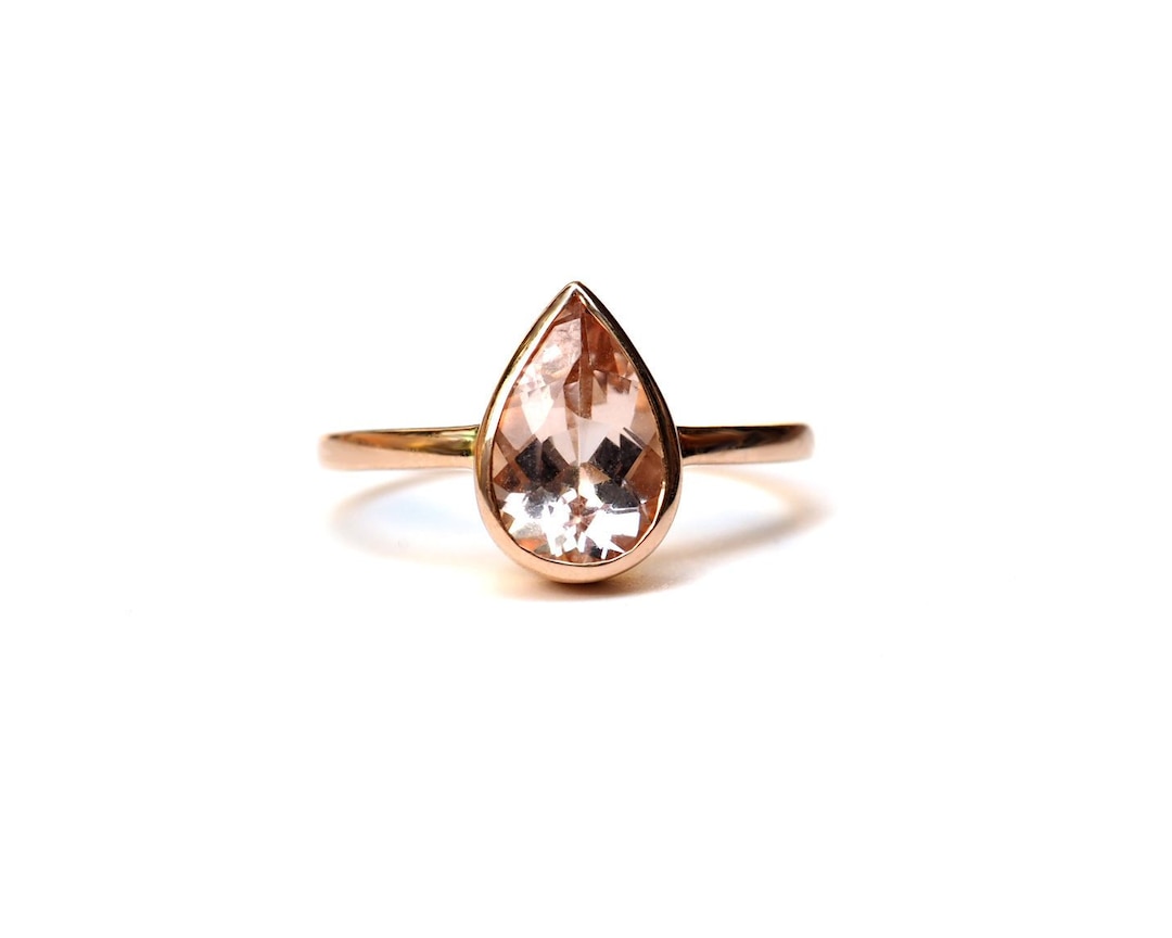 Morganite Pear Ring 1.7ctw. 14k 18k Solid Gold . Bezel Set Stacking ...