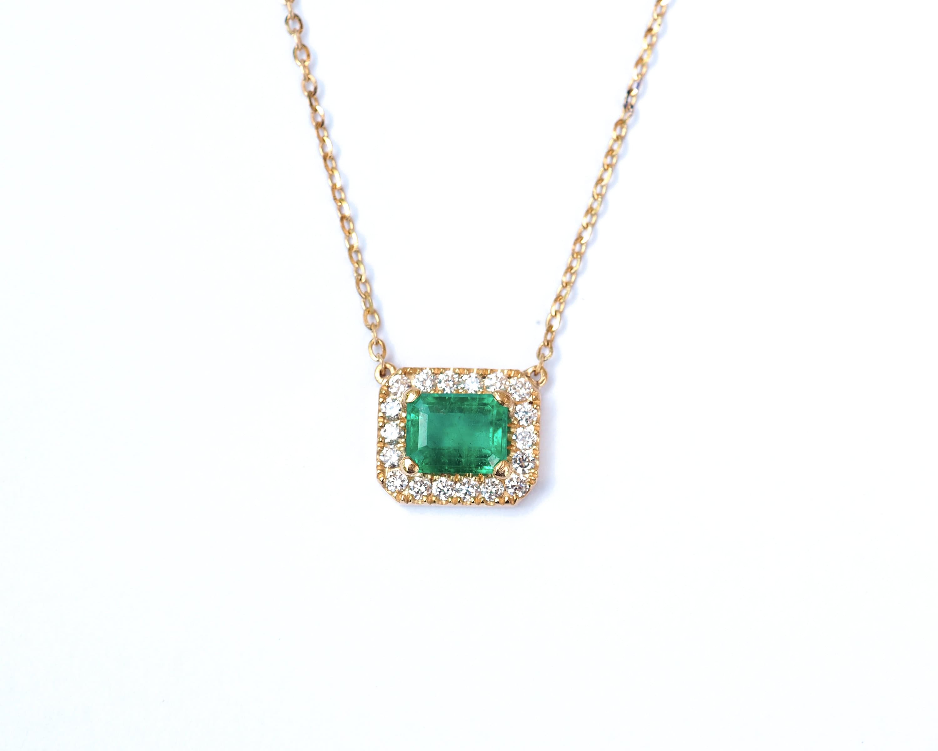 Natural Emerald Necklace With Diamond Halo . Zambian Emerald Pendant ...