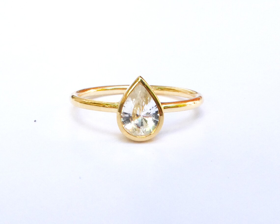 White Topaz Pear Ring 14k 18k Solid Gold . Bezel Set Stacking | Etsy
