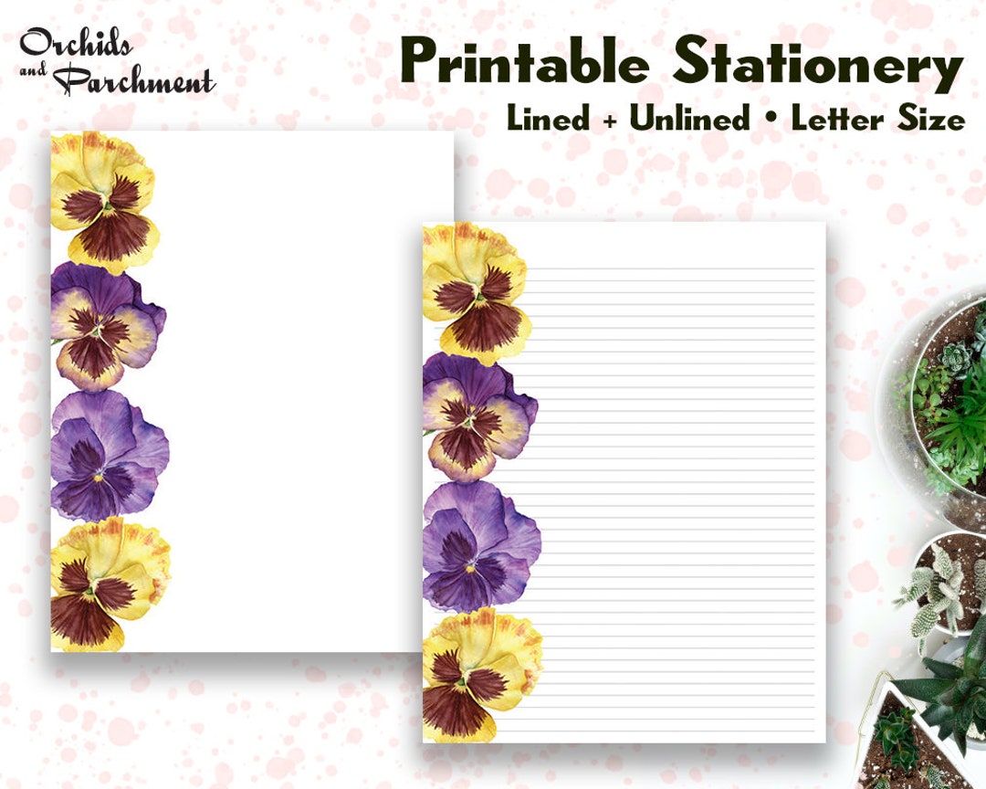 Stationery Pansies Quad Letter Writing Paper Letter Size 8.5x11 Lined ...