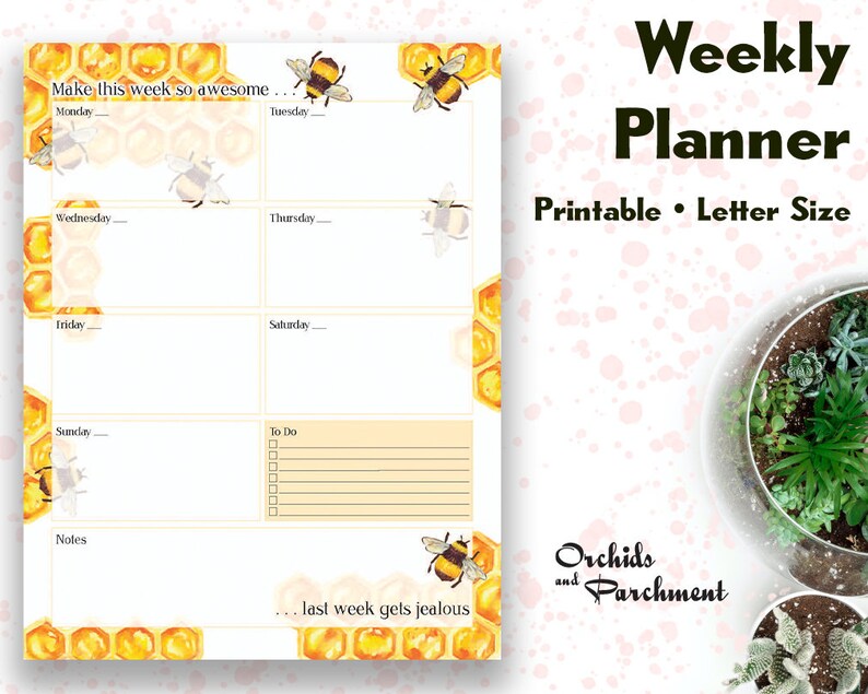 Weekly Planner Honey Bees - Letter Size 8.5" X 11" - Planner ...
