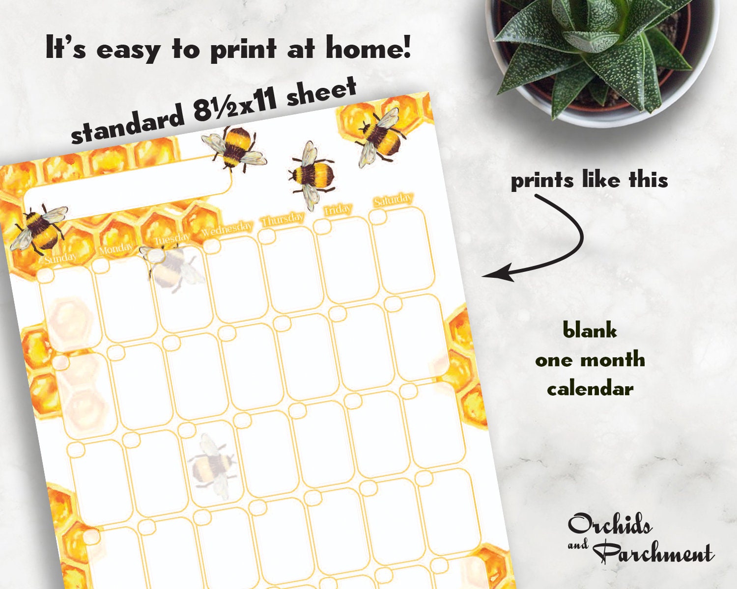Open Calendar Honey Bees Portrait Letter Size 8.5 X 11 Planner Blank ...