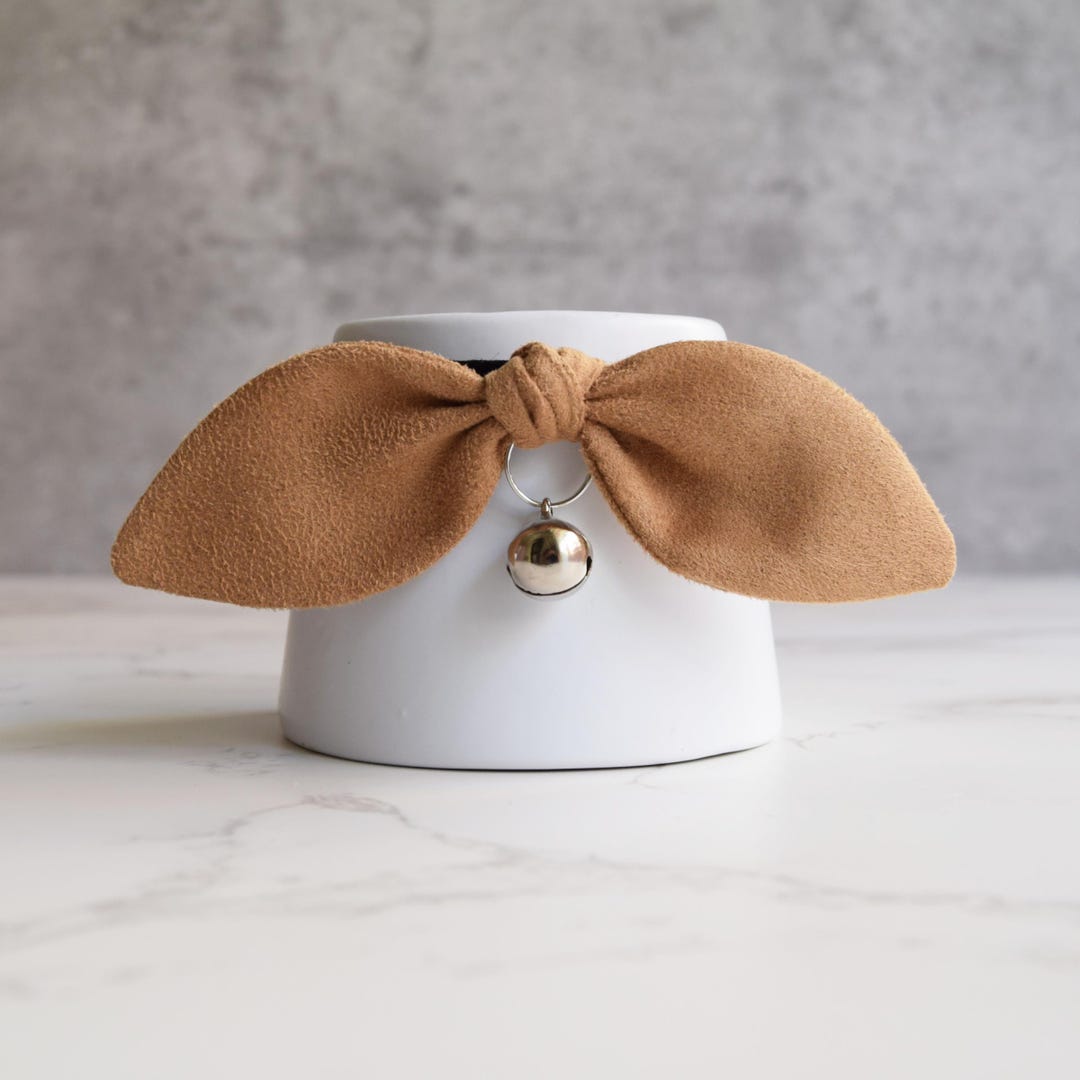 Fall Brown Vegan Suede Cat Collar With Bow and Bell - Fancy Faux Suede ...